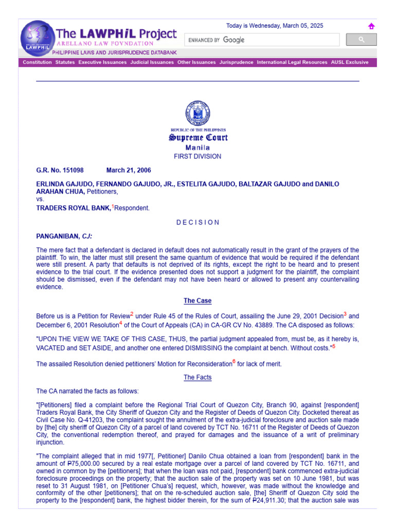 G.R. No. 151098 Gajudo v. Traders Royal Bank | PDF | Default Judgment ...