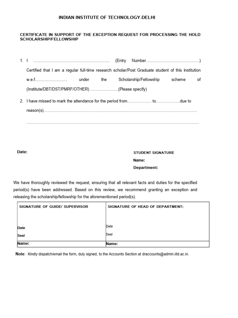 Scholarship Attendance Exception Form | PDF