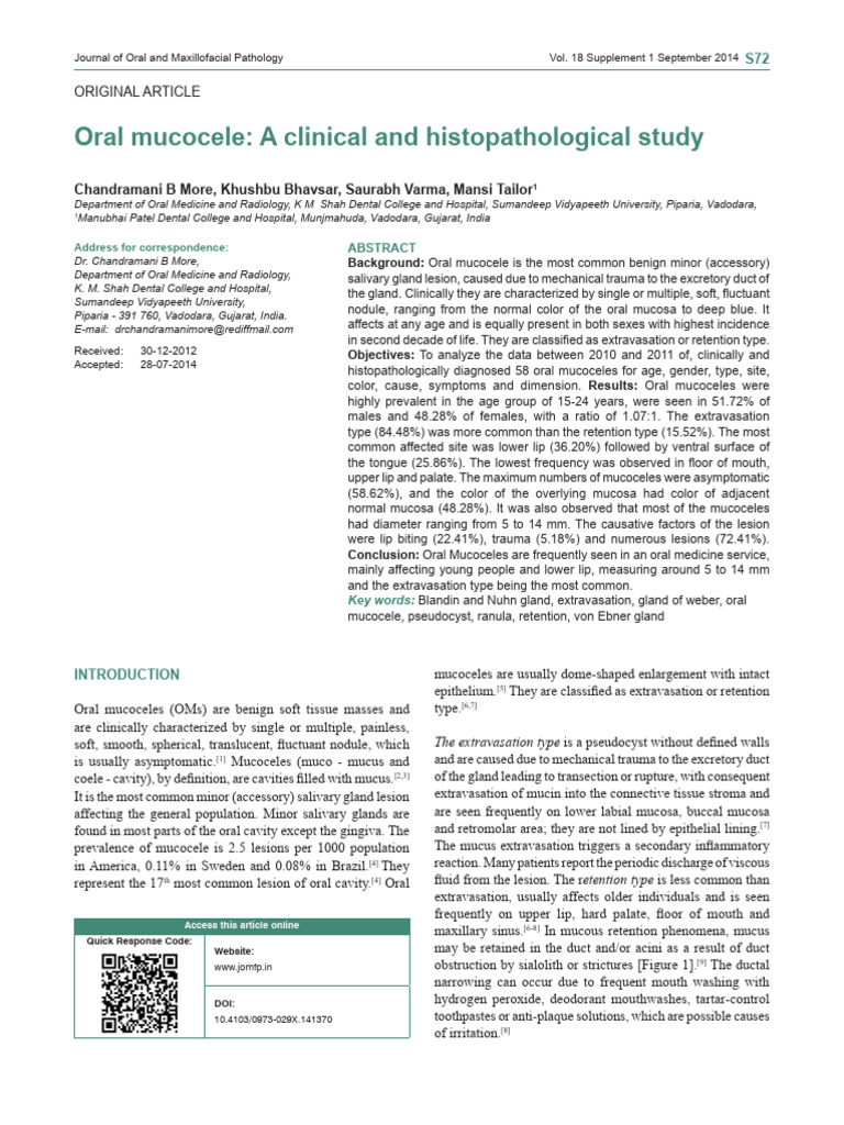 Oral Mucoceles: Prevalence and Types | PDF | Medical Specialties
