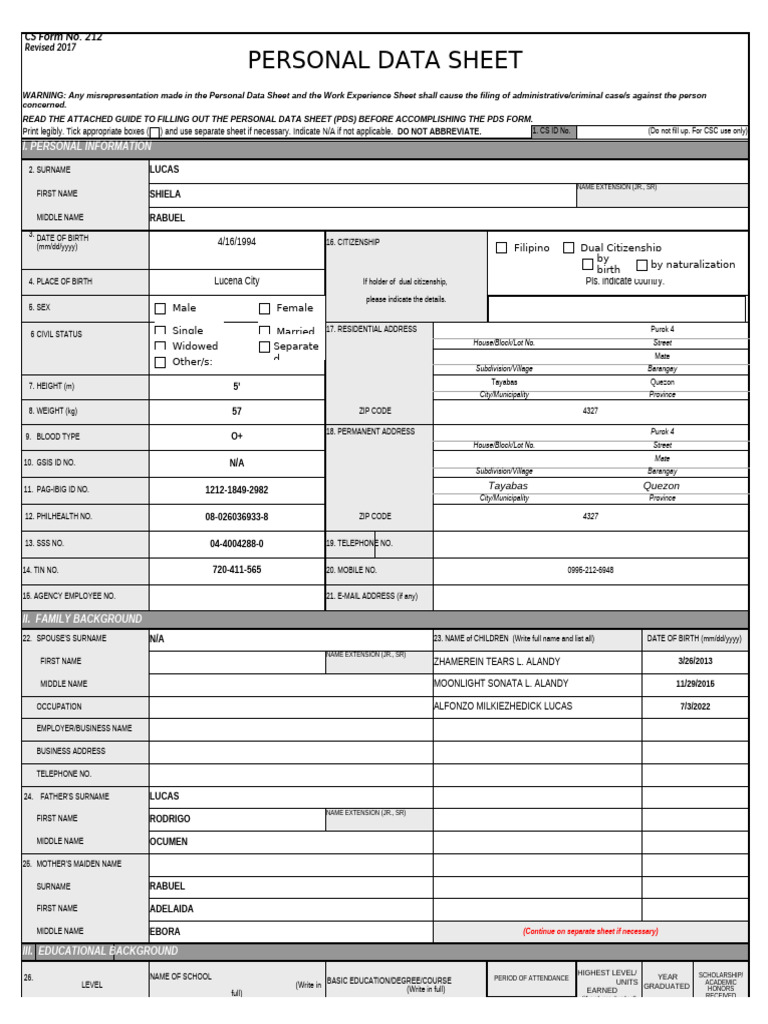 06 CSC Form 21 Revised 2017 Personal Data Sheet 1 SEC | PDF ...