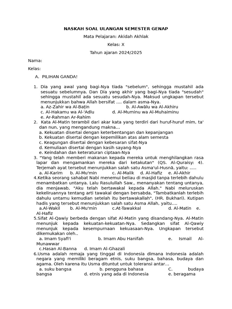 Naskah Soal Ulangan Semester Genap Akidah Elas X 2025 | PDF