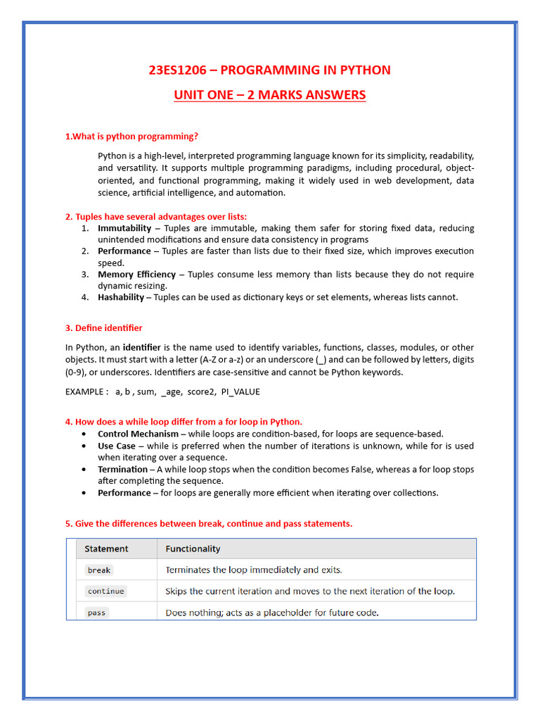 23ES1206 - 2 Marks - First Unit | PDF | Data Type | Control Flow