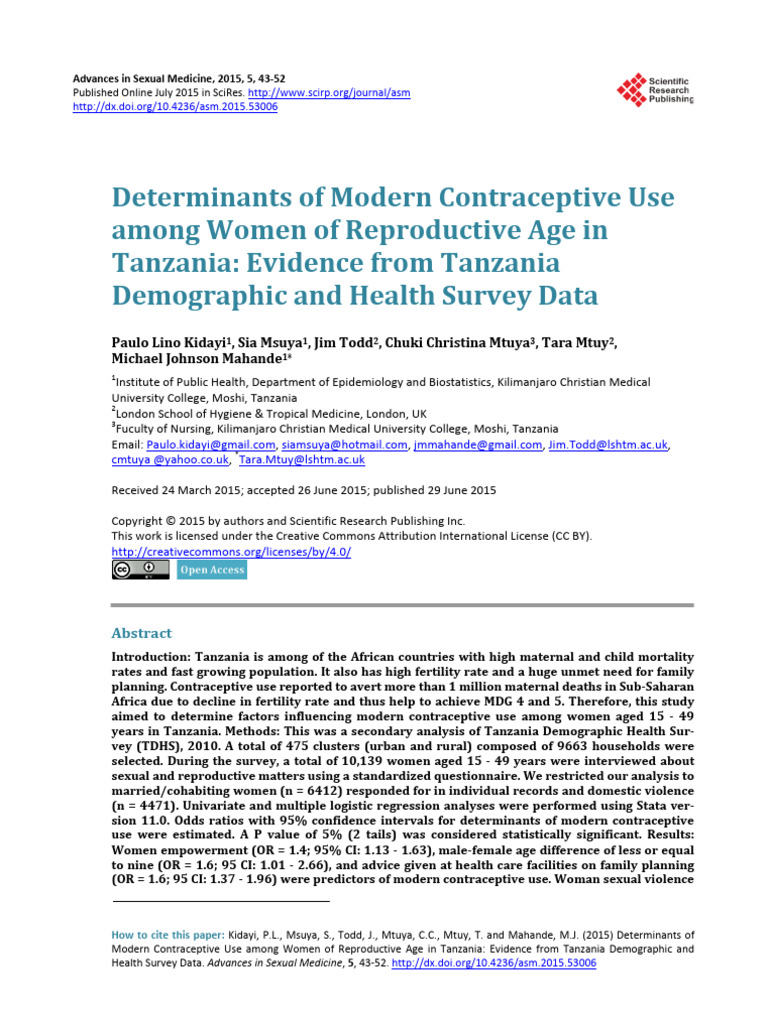 Kidayi Etal 2015 Determinants of Modern Contraceptive Use | PDF | Family Planning | Maternal Death