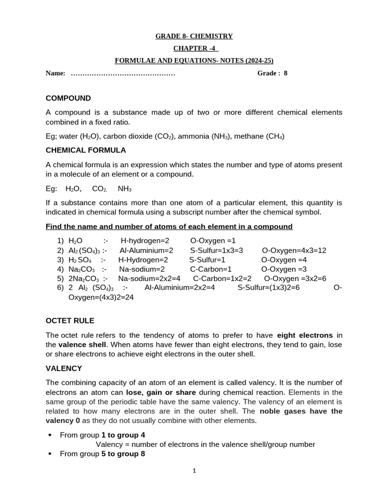 Grade 8 Chemistry: Formulas & Equations | PDF | Valence (Chemistry ...