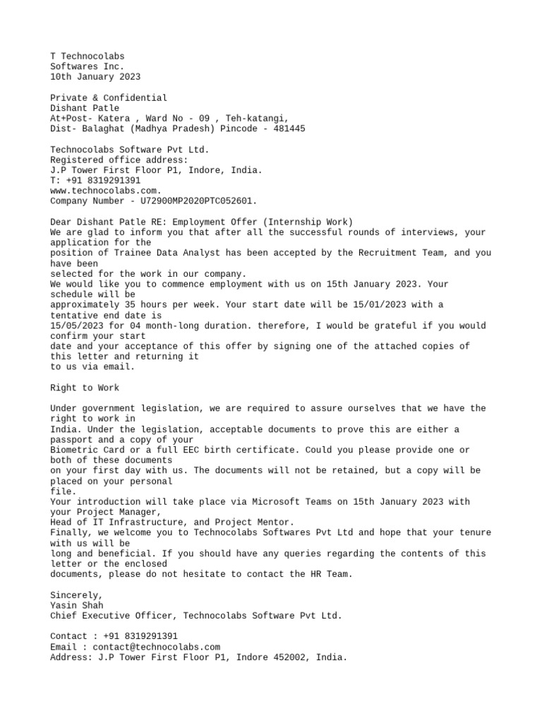 Dishant Patle Data Analyst Offer Letter | PDF | Employment | Labor