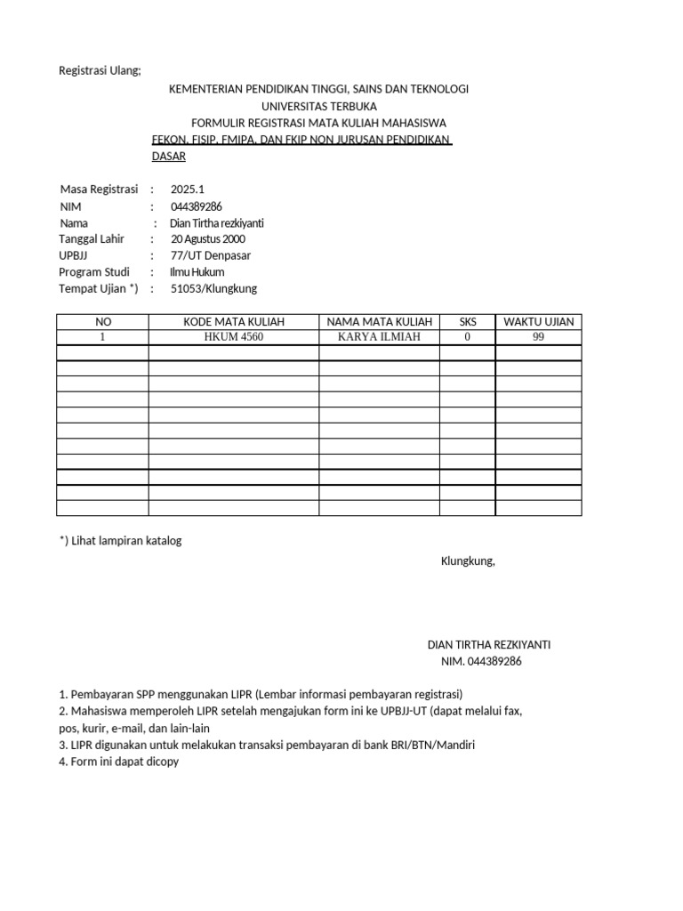 Formulir Registrasi Mata Kuliah | PDF