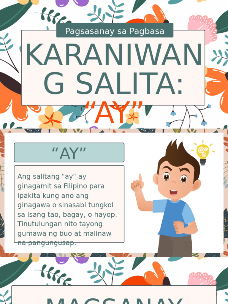 Pagsasanay sa Pagbasa Karaniwang Salita Ay Presentation in Colorful Illustrative Style (1) | PDF