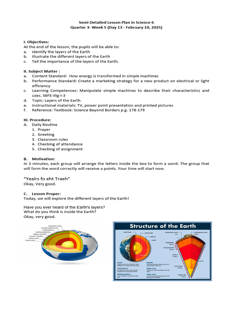 Layers of the Earth Lesson Plan | PDF | Earth | Structure Of The Earth