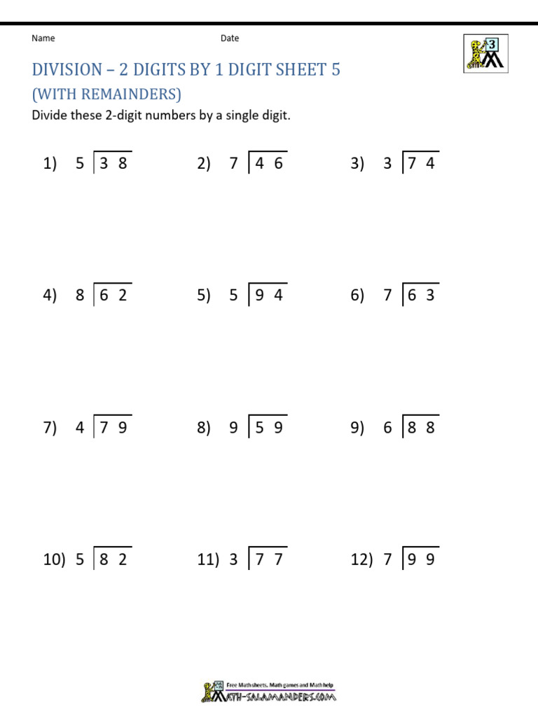 2-Digit by 1-Digit Division Worksheet | PDF