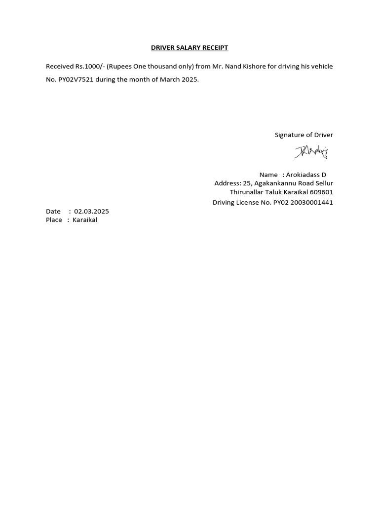 Driver Salary Receipt Mar2025 | PDF
