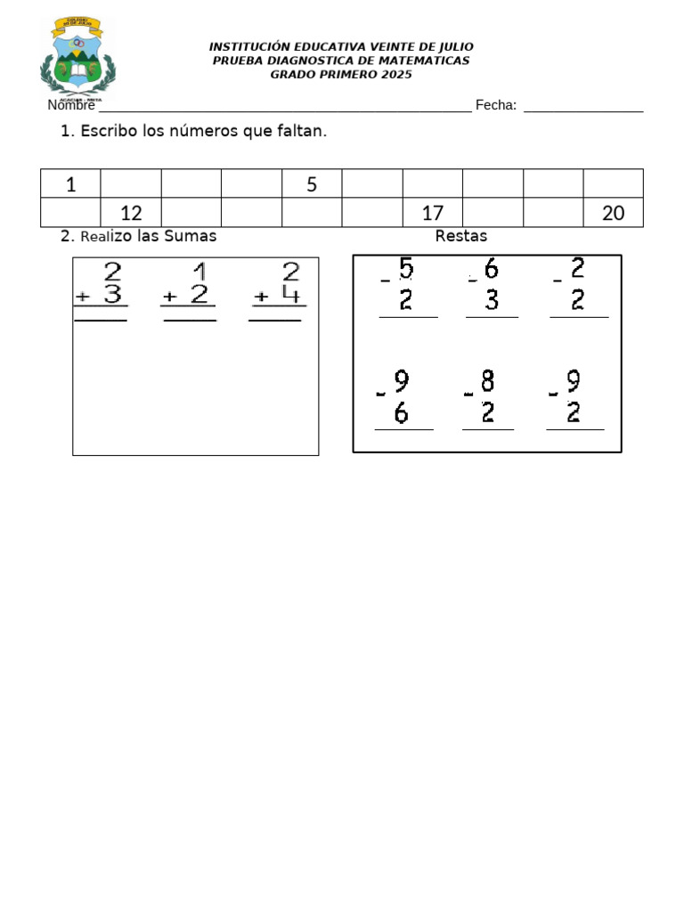 Prueba Diagnóstica Matemáticas 1° 2025 | PDF