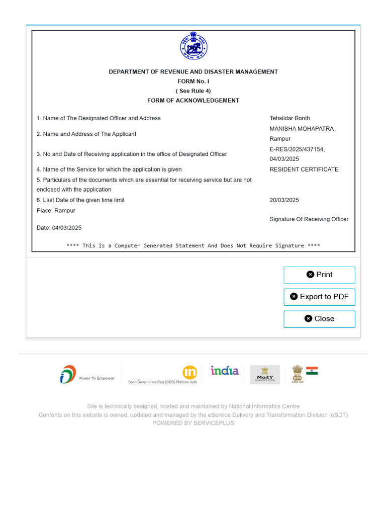Department of Revenue and Disaster Management Form No. I (See Rule 4 ...