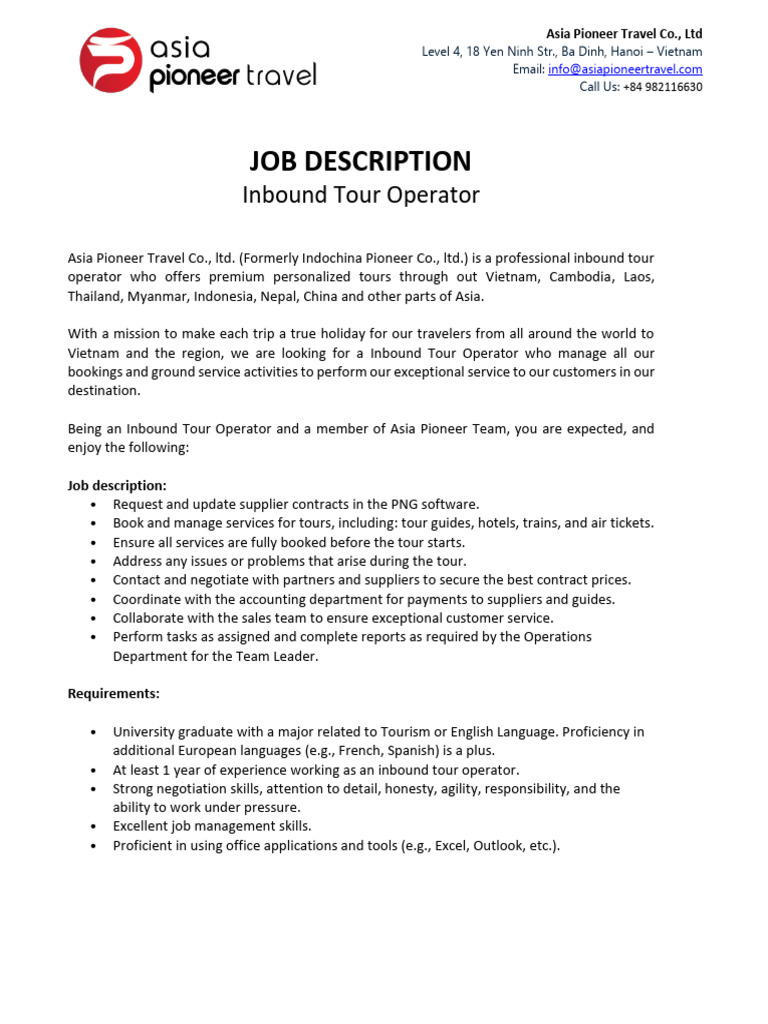 Inbound Tour Operator Job at Asia Pioneer | PDF | Business