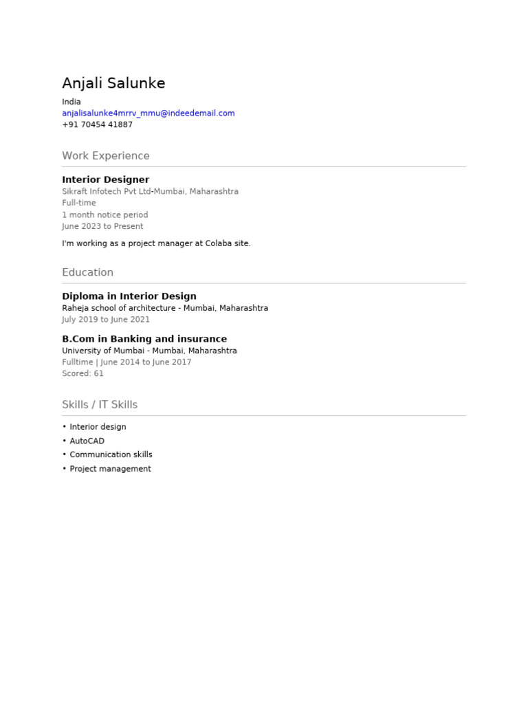 Resume Anjali Sal Un Ke | PDF