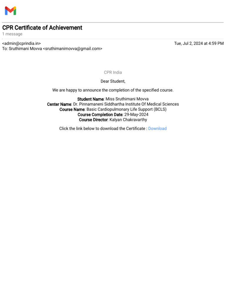 Gmail - CPR Certificate of Achievement | PDF