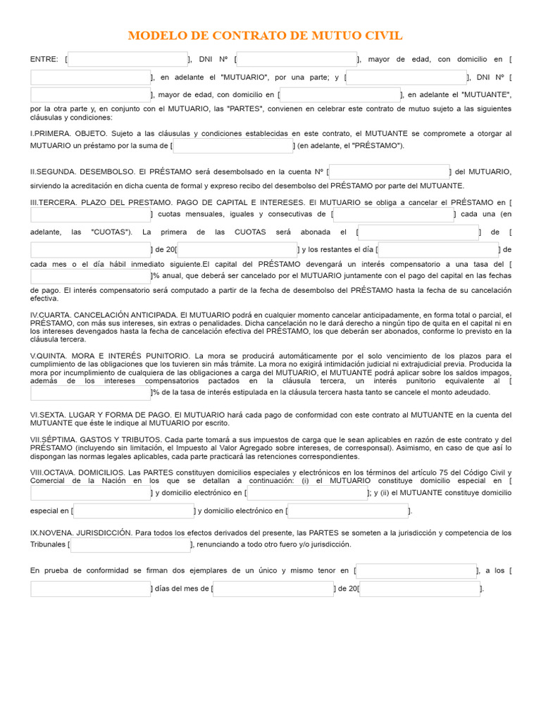 Contrato de Mutuo Civil: Cláusulas Esenciales | PDF