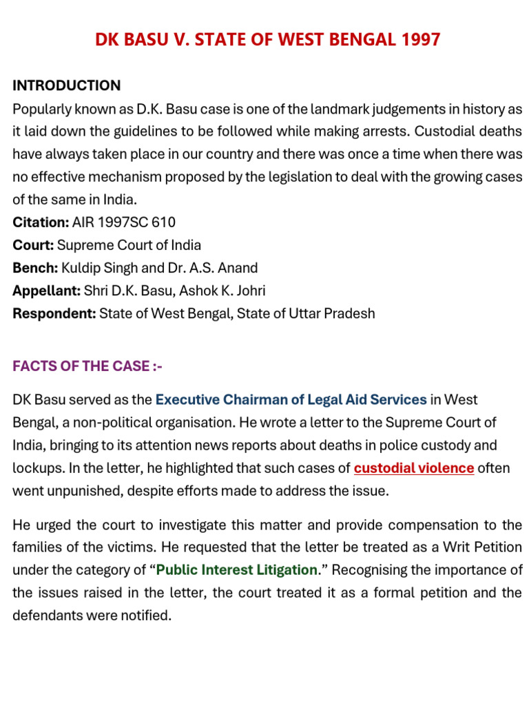 DK Basu Vs State of West Bengal | PDF | Arrest | Detention (Imprisonment)
