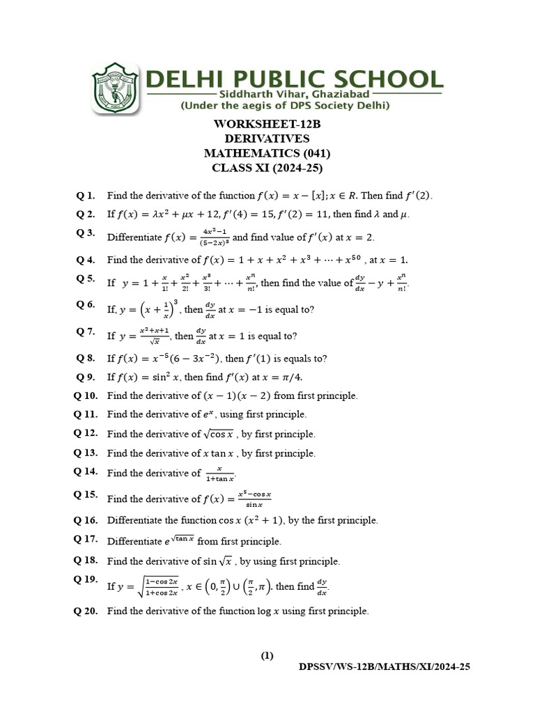 Class XI Derivatives Worksheet 2024-25 | PDF | Derivative | Functions ...