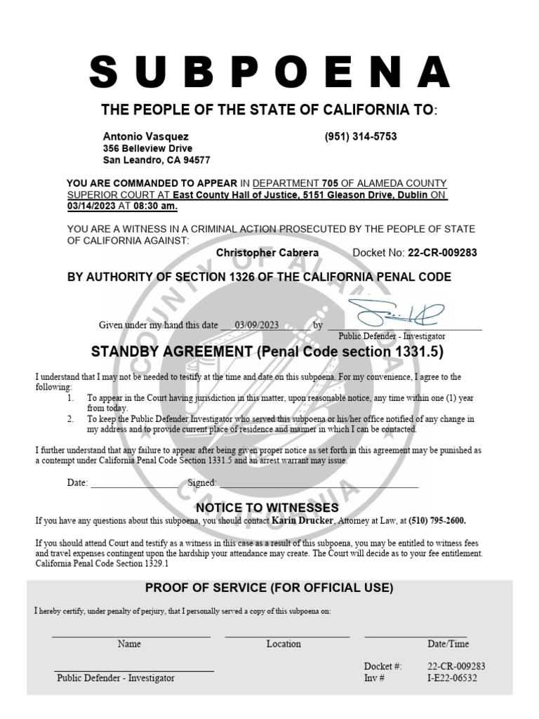 Antonio Vasquez Subpoena | PDF | Subpoena | Witness