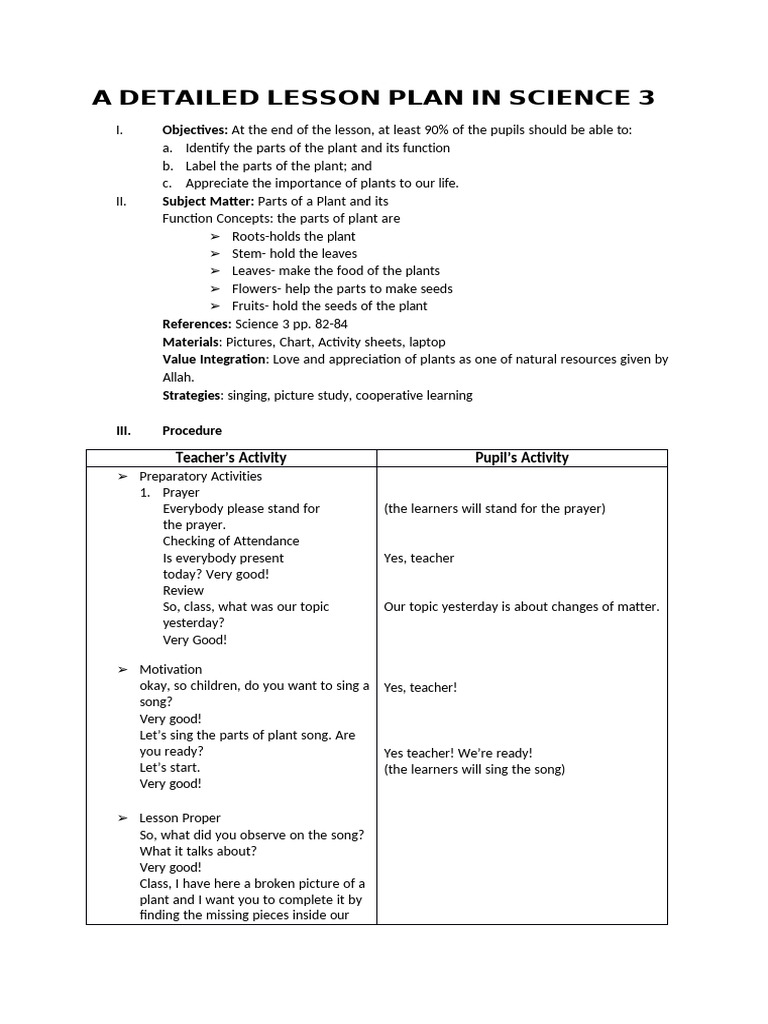 A Detailed Lesson Plan in Science 3 Parts of Plant | PDF | Plants ...