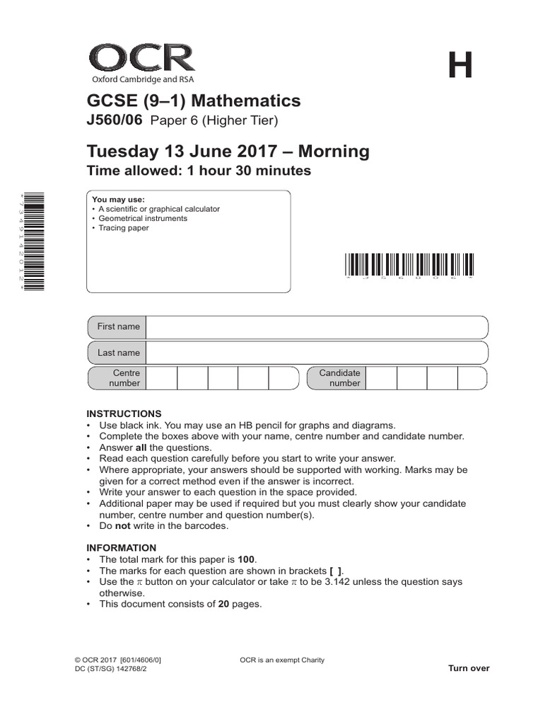 GCSE Maths Paper 6 Instructions | PDF | Area | Volume