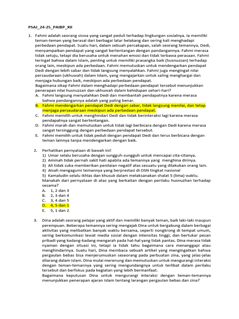 Soal Psaj Pai Kelas 12 2024 2025 Ok | PDF