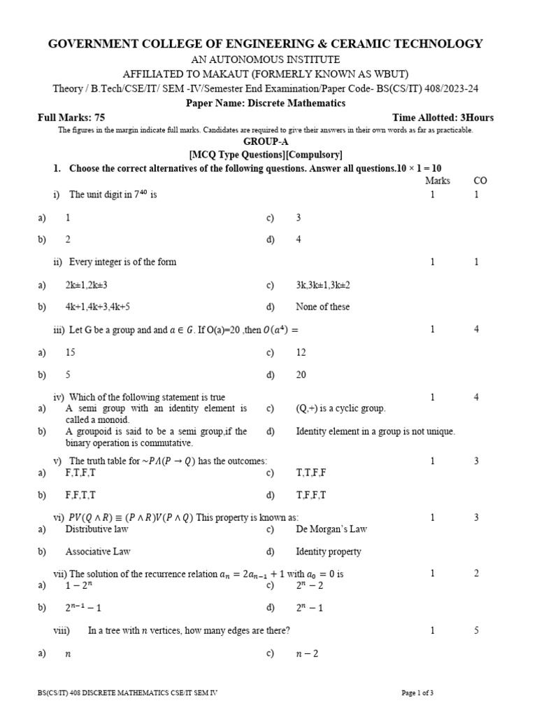BS (CS IT) 408 Disc Maths 2023 24 | PDF | Group (Mathematics) | Algebra