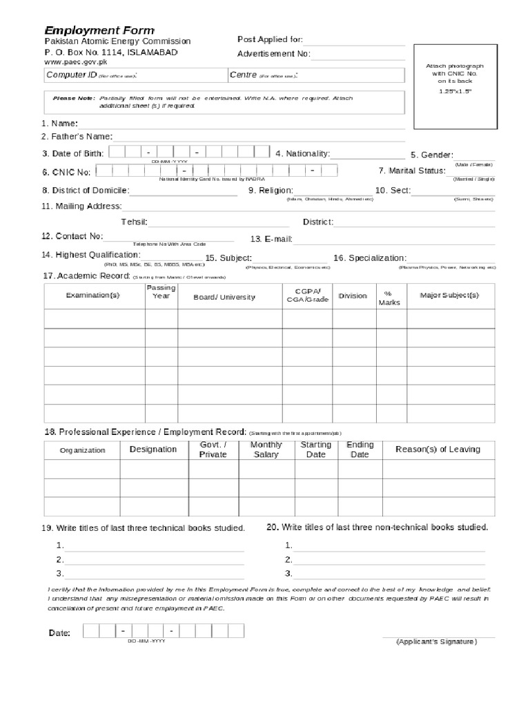 Employment Form For Pakistan Automic Energy Commission | PDF