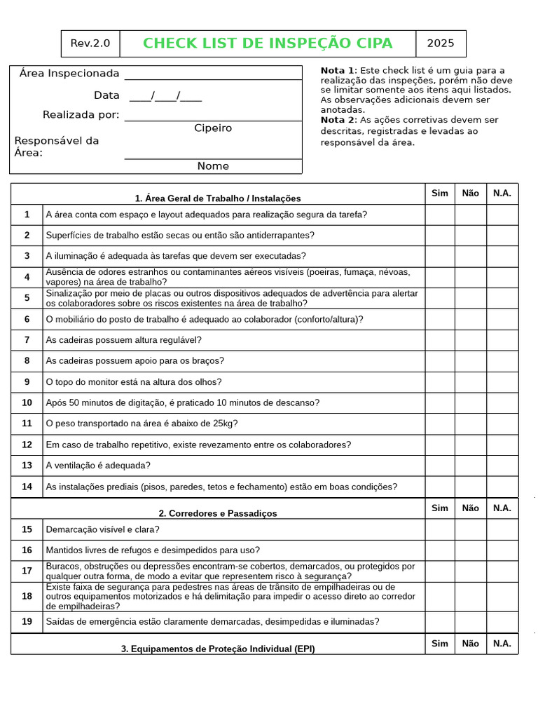 Check List de Inspeção CIPA 2025 | PDF