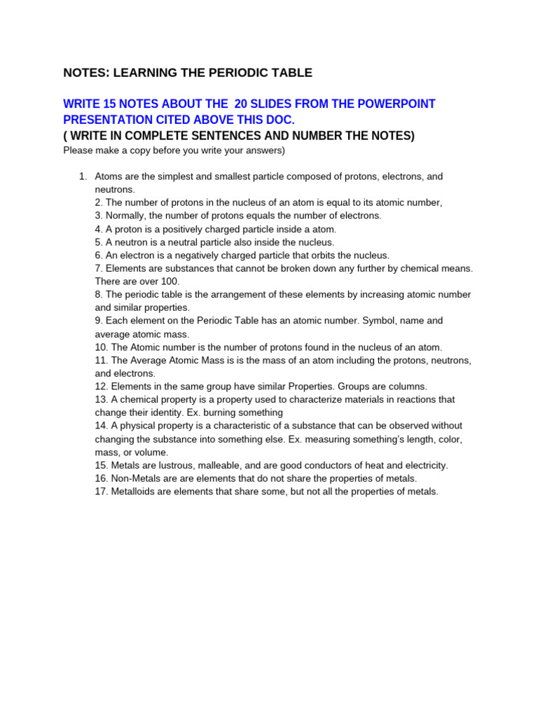 NOTES - LEARNING THE PERIODIC TABLE | PDF