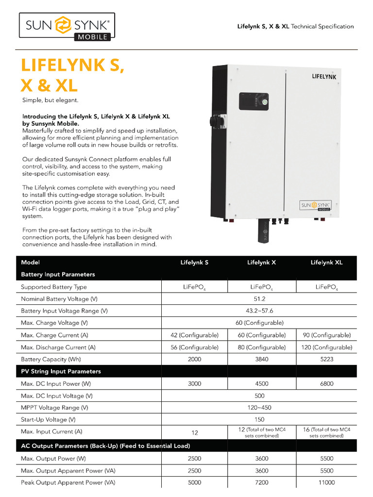 Sunsynk Mobile Datasheet Lifelynk S X XL 5 Aw | PDF