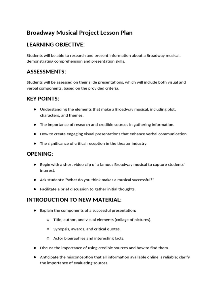 Broadway Musical Research Lesson Plan | PDF | Lesson Plan | Education ...