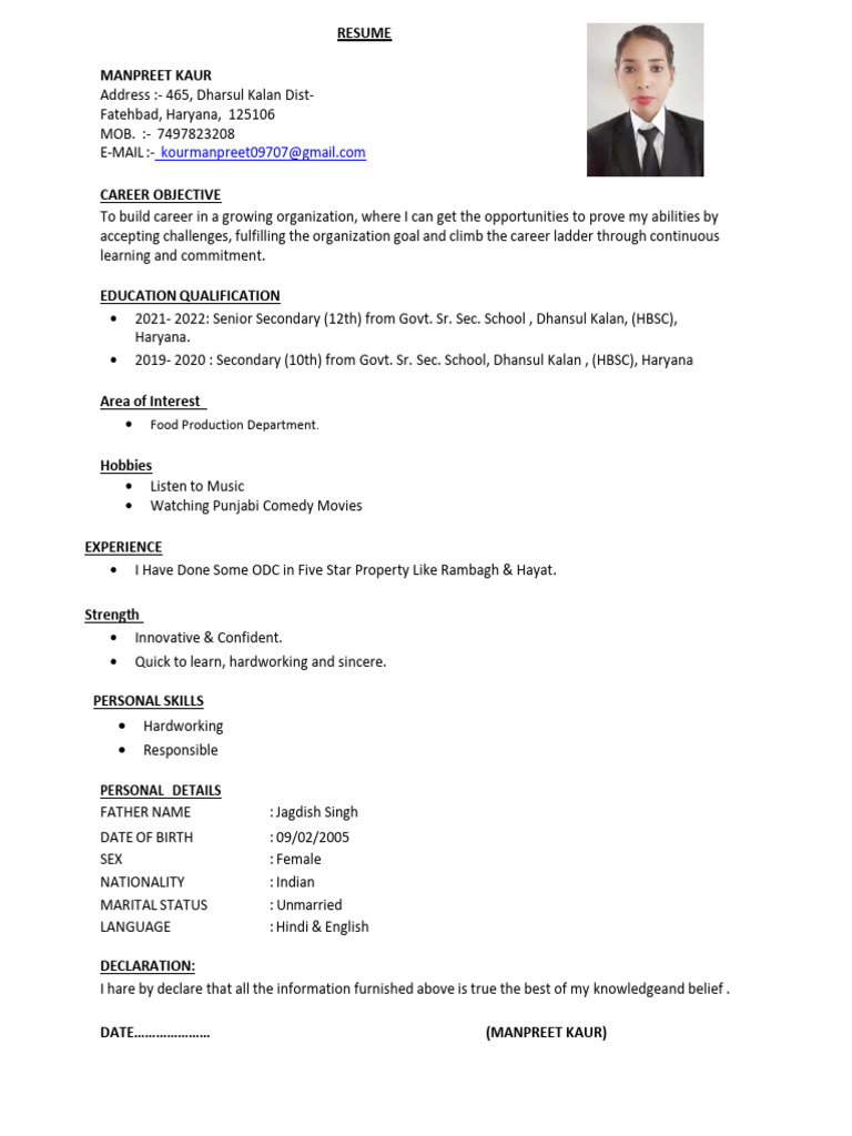Resume Manpreet Kaur: Food Production Department | PDF