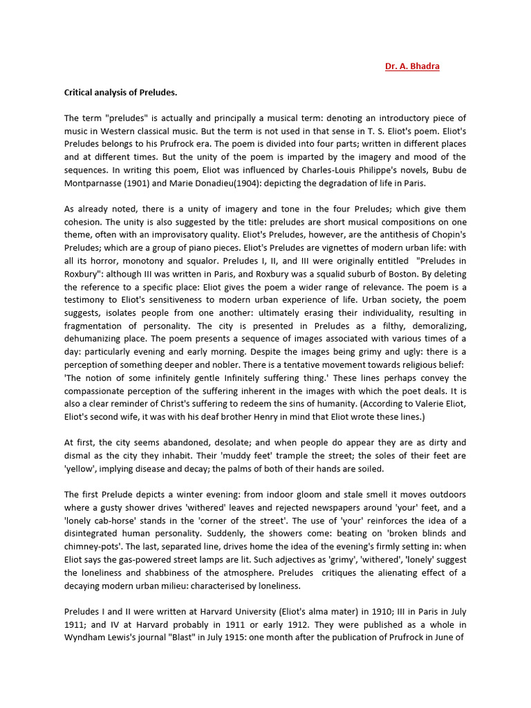 Critical Analysis of Eliot's Preludes | PDF