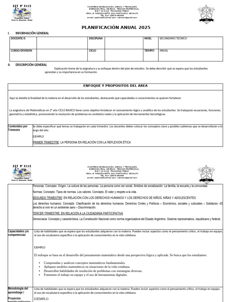 Modelo de Planificacion 2025 - Tobar 3113 | PDF | Enseñando | Plan de estudios