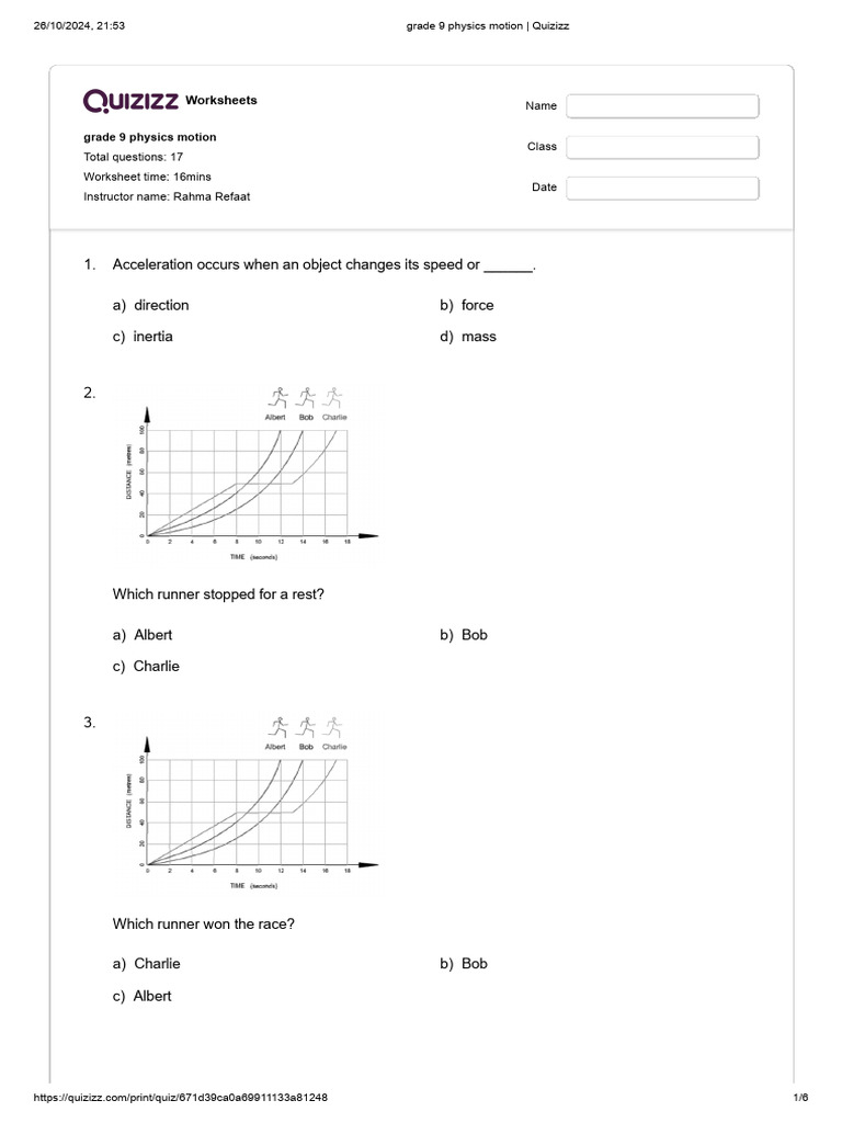 Class 9 Physics Motion Worksheet | PDF | Acceleration | Inertia