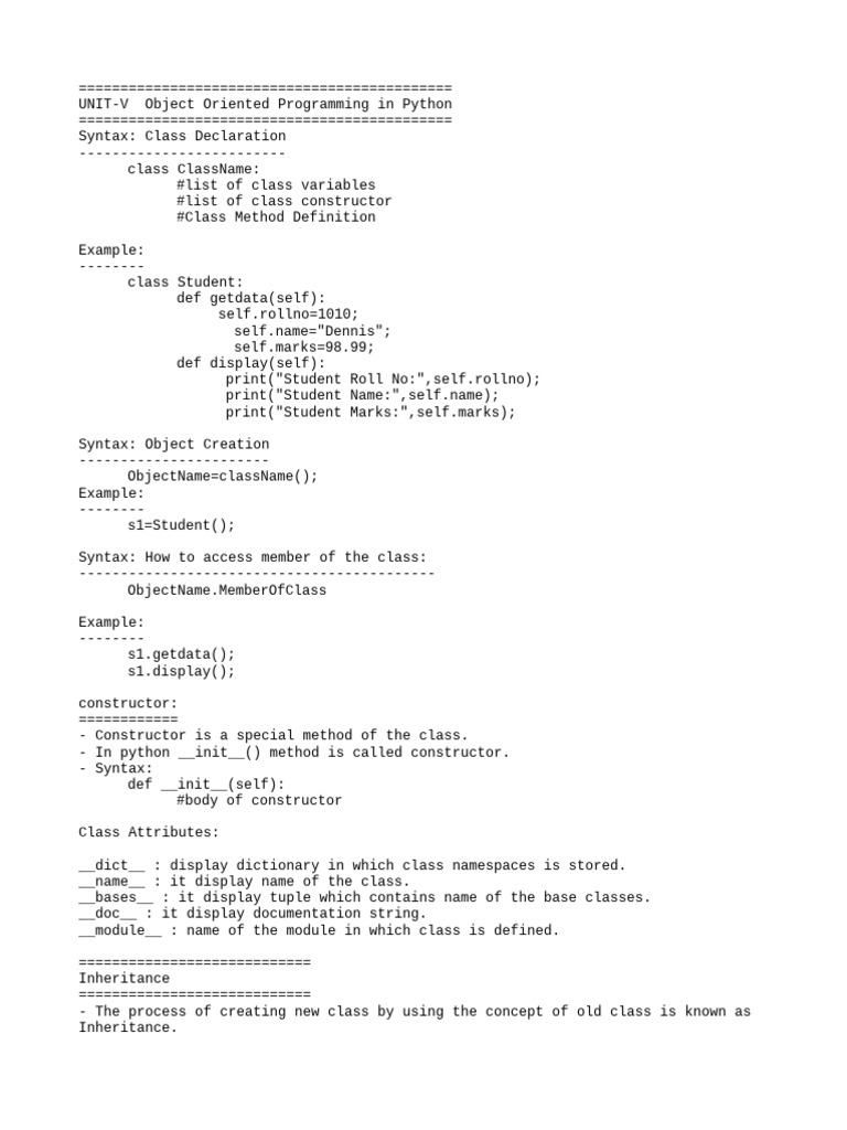 UNIT-V Object Oriented Programming | PDF | Class (Computer Programming) | Inheritance (Object ...