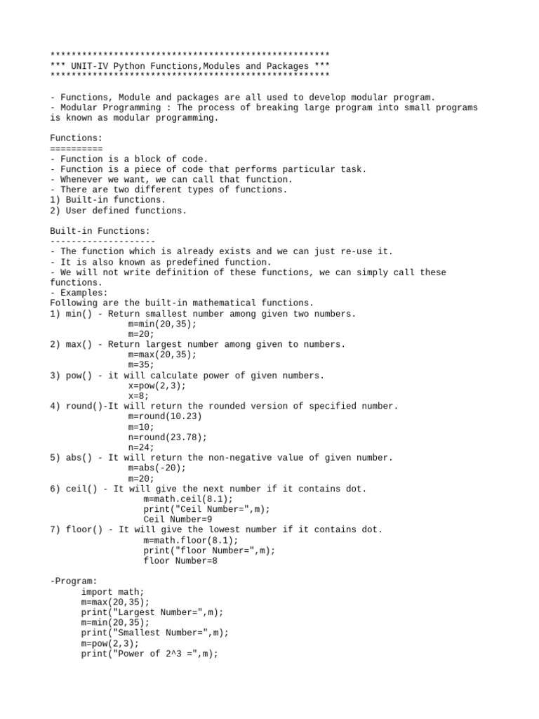 UNIT-IV Functions Module and Packages | PDF | Parameter (Computer Programming) | Scope (Computer ...