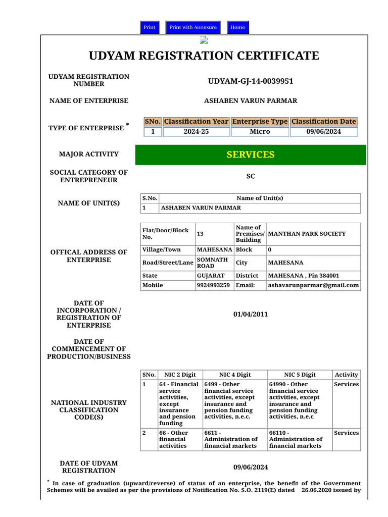 Print - Udyam Registration Certificate | PDF