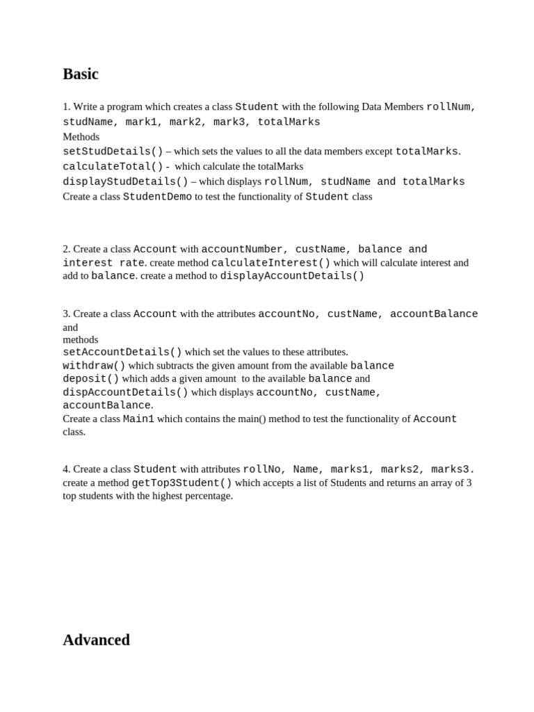 OOP Ass 1 Classes and Objects | PDF | Class (Computer Programming) | Method (Computer Programming)