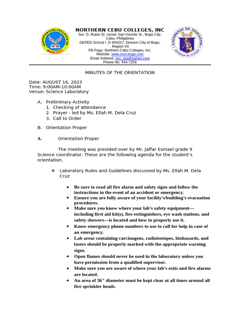 Minutes For The Sci Lab Orientation | PDF