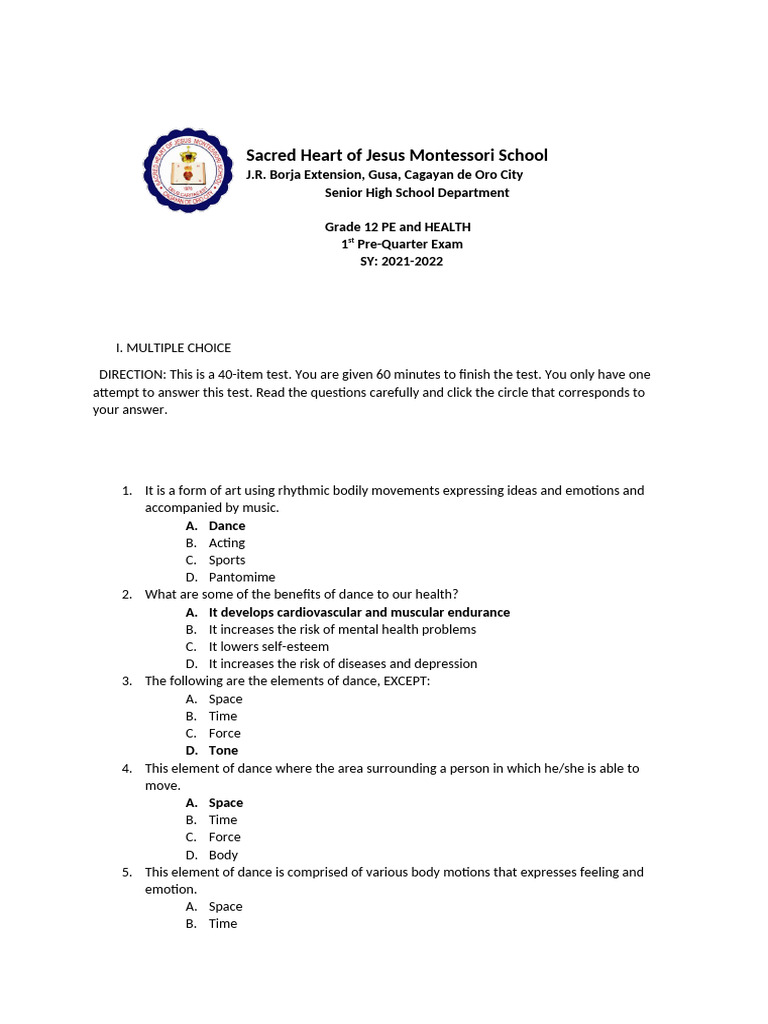 Grade 12 PEH 1st Pre Quarter Exam 2021-2022 | PDF | Dances | Foot