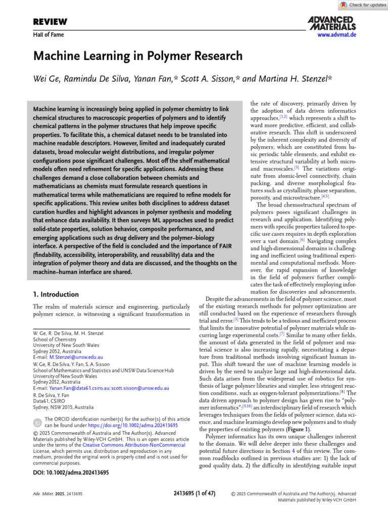 Advanced Materials - 2025 - Ge - Machine Learning in Polymer Research | PDF | Polymers | Machine ...