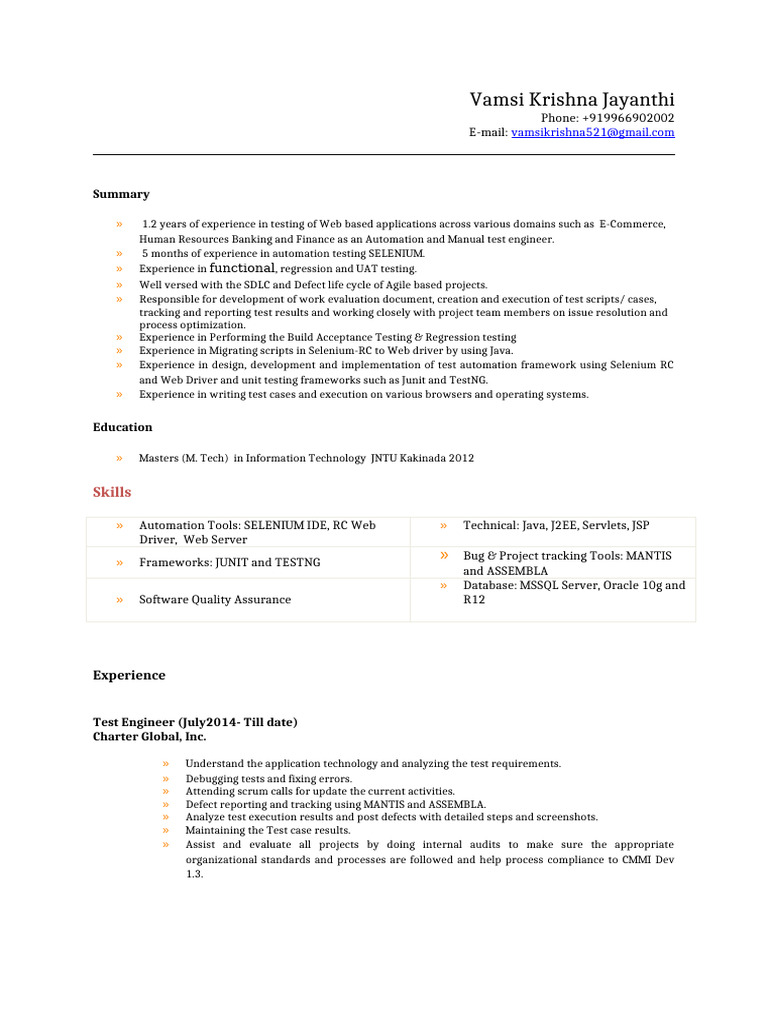 Vamsi Krishna Jayanthi 1+ Exp Resume | PDF | Selenium (Software ...