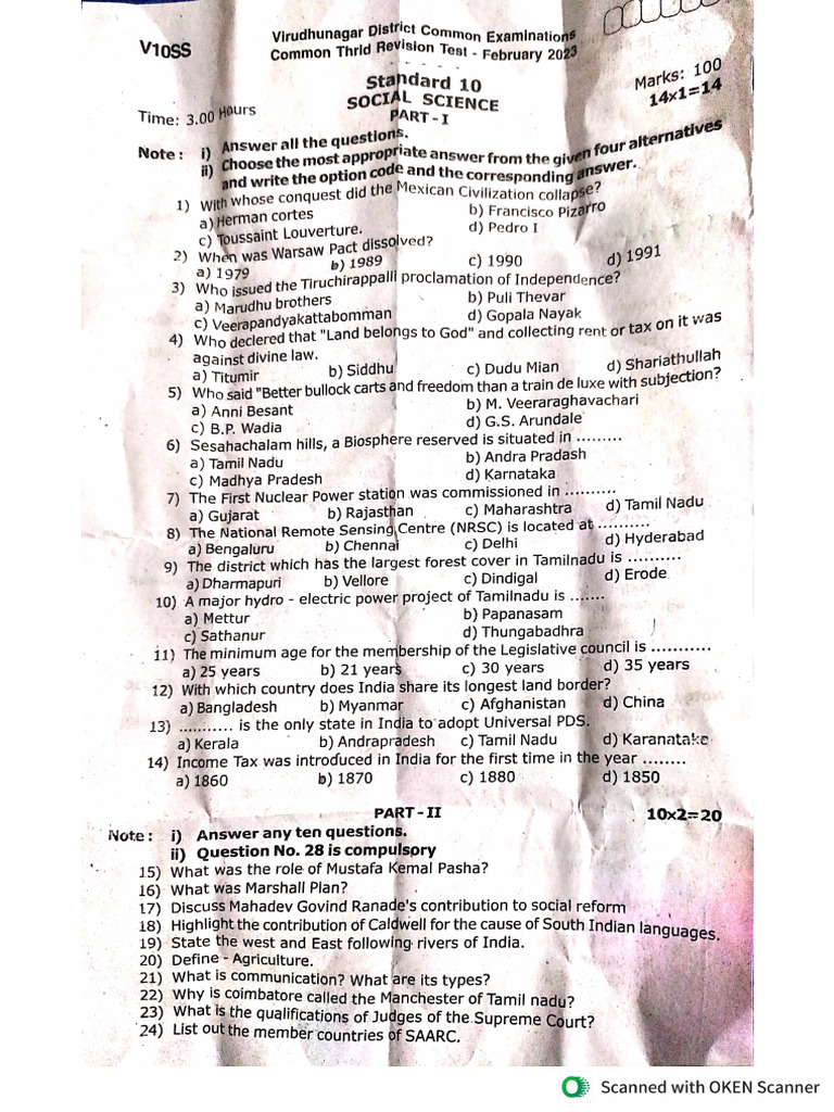 10th Social EM 3rd Revision Exam 2023 Original Question Paper Thenkasi District English Medium ...