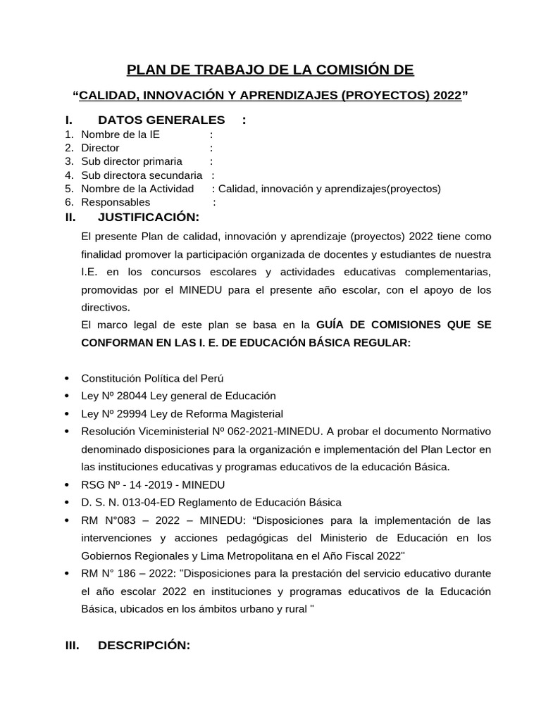 Plan de Trabajo de Calidad, Innovación y Aprendizajes COMP. | PDF | Maestros | Enseñando