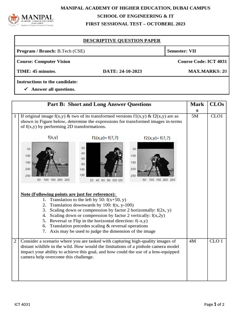 B.Tech CSE Computer Vision Test Paper | PDF | Image Processing ...
