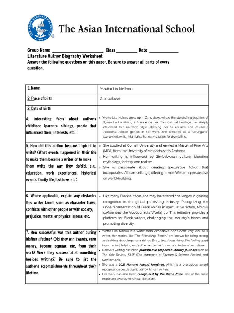 Author Biography Worksheet PDF | PDF