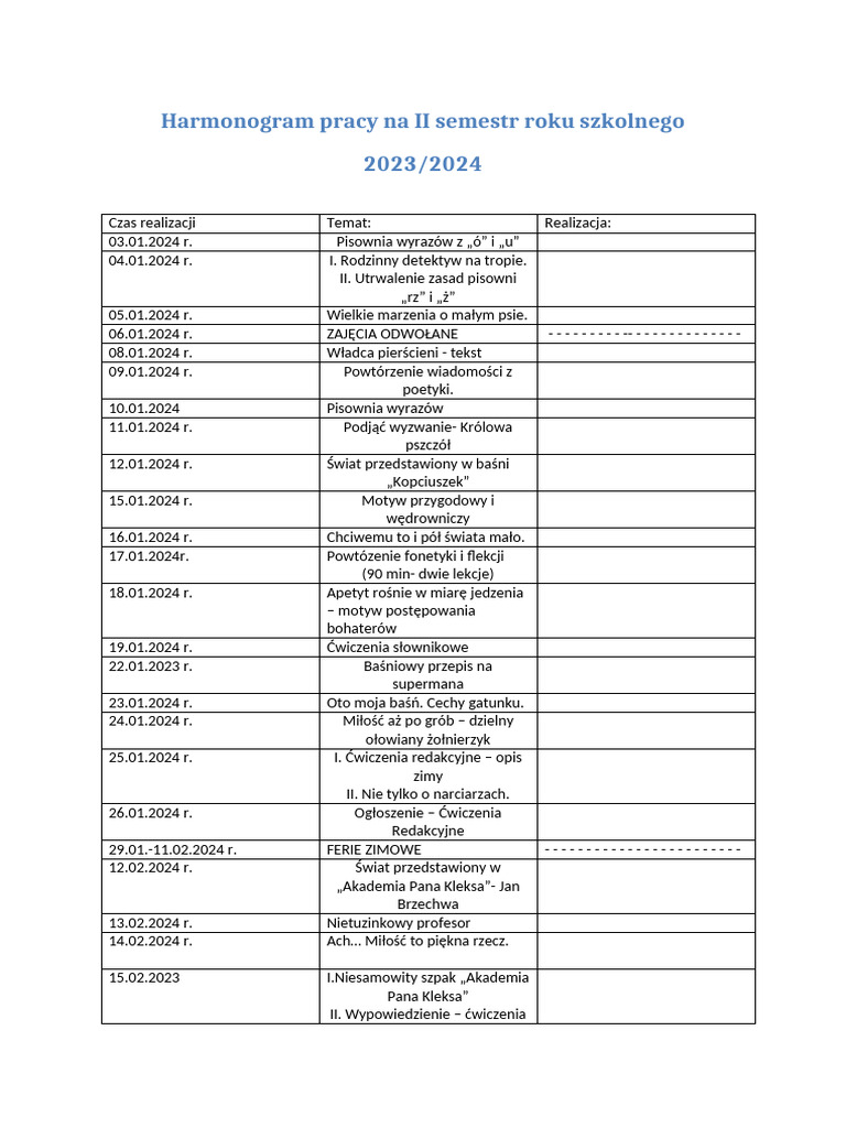 Harmonogram pracy na II semestr roku szkolnego | PDF