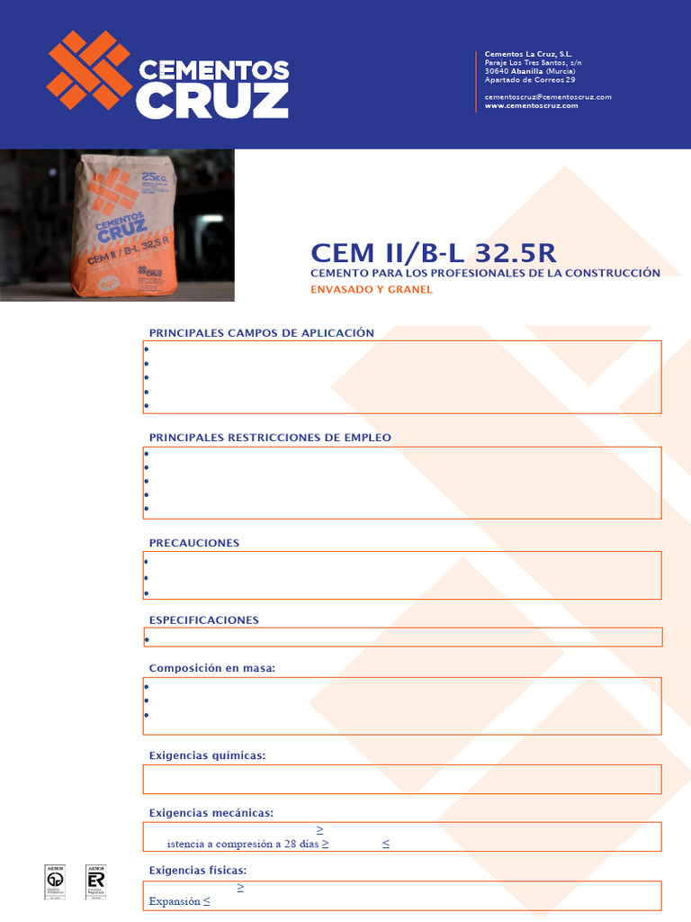 Cemento CEM II/B-L 32.5R para Construcción | PDF